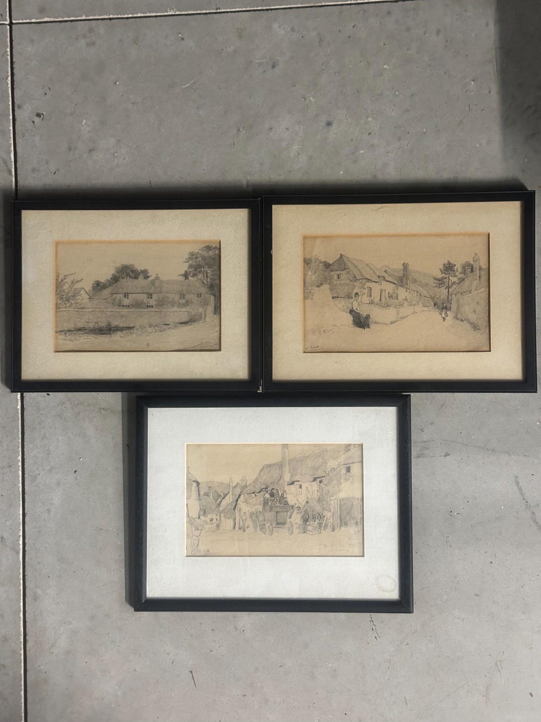 Set of 3 Antique Pencil Drawings – Porlock Village Scenes, Thatched ...