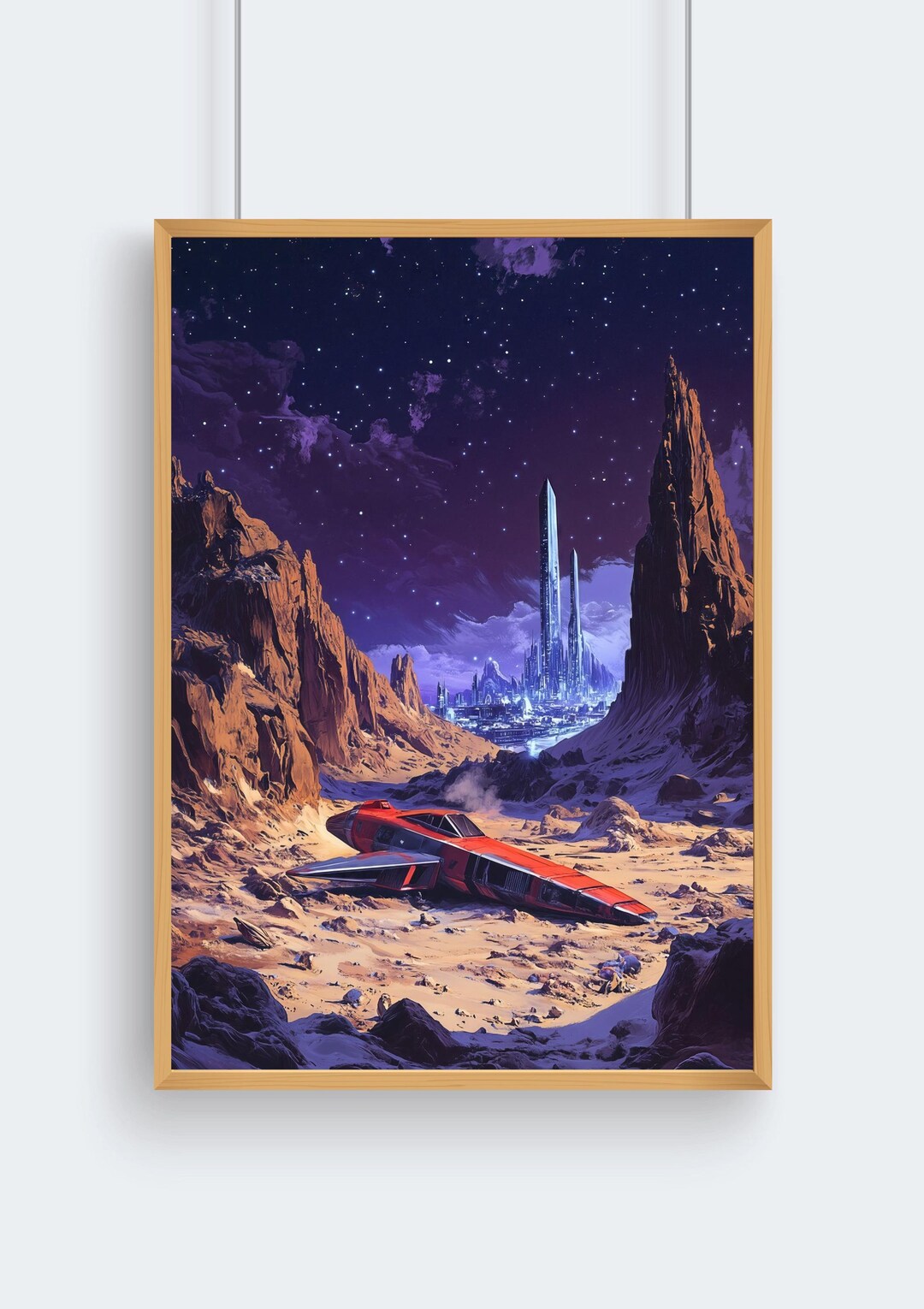 Retro Spaceship Crashed Poster Purple | Digital Art Print, Wall Art, AI ...