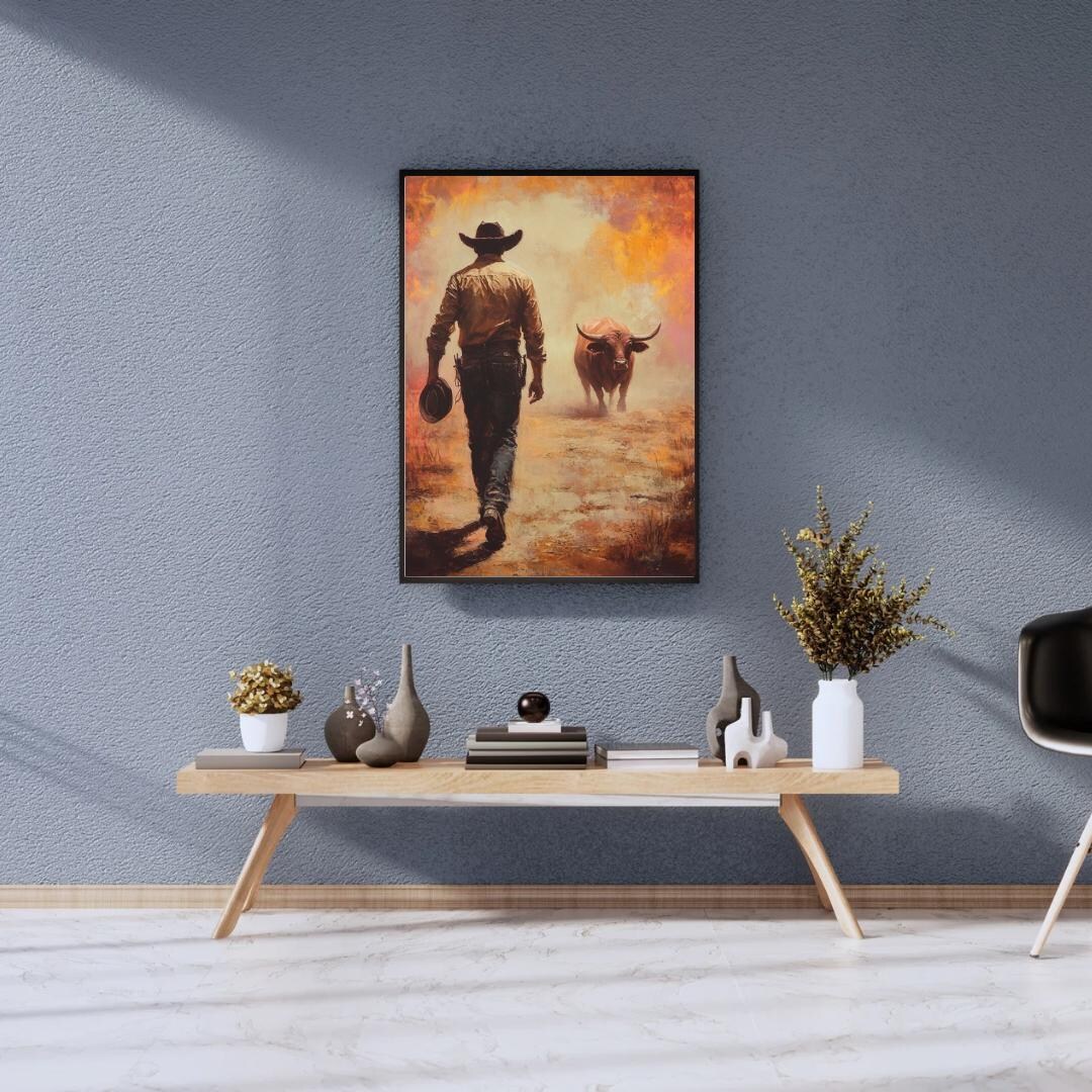 Western Cowboy Wall Art Print | Bull Standoff Digital Painting | Rustic ...