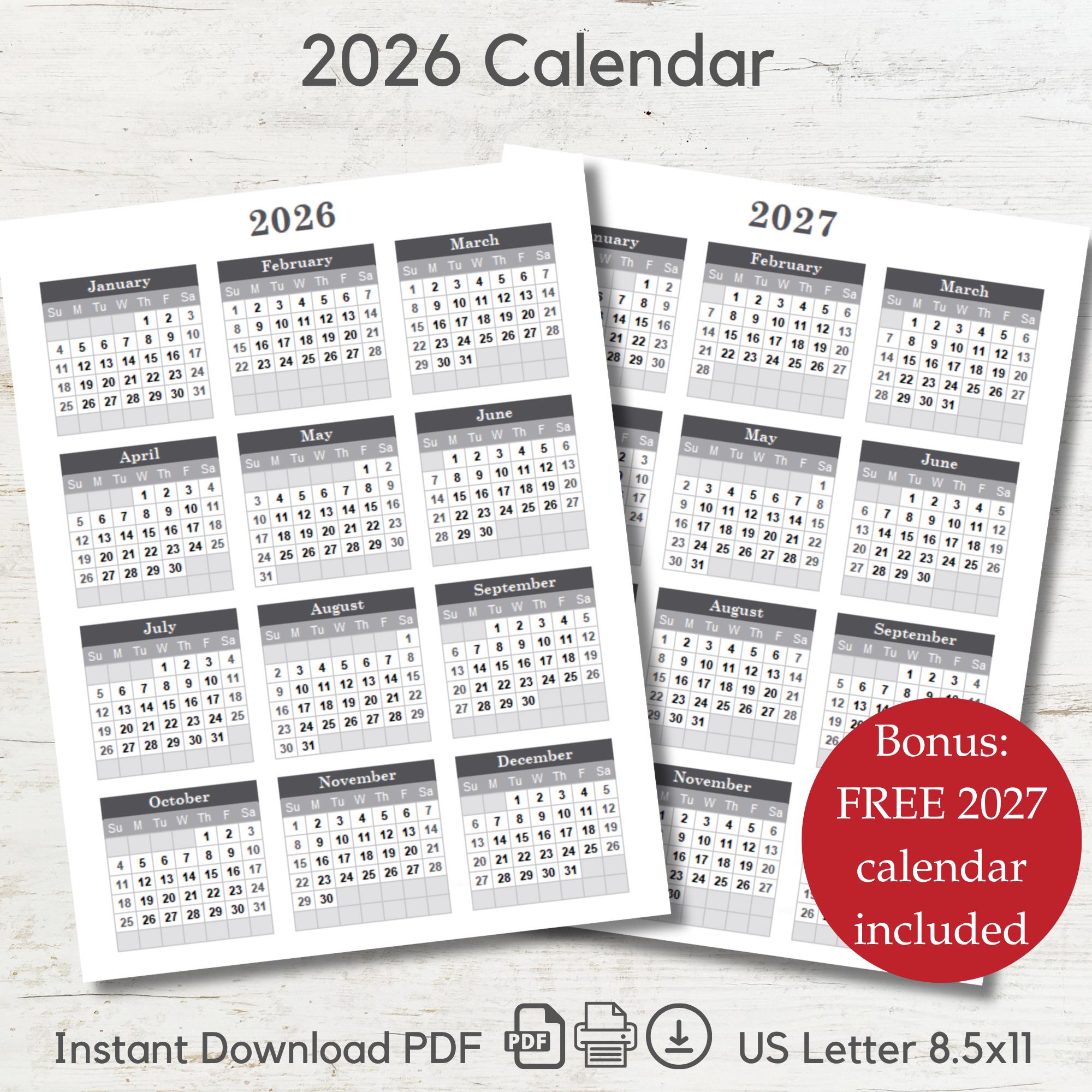 2026 Printable 12 Month Calendar Pdf Download Single Page Printable New ...