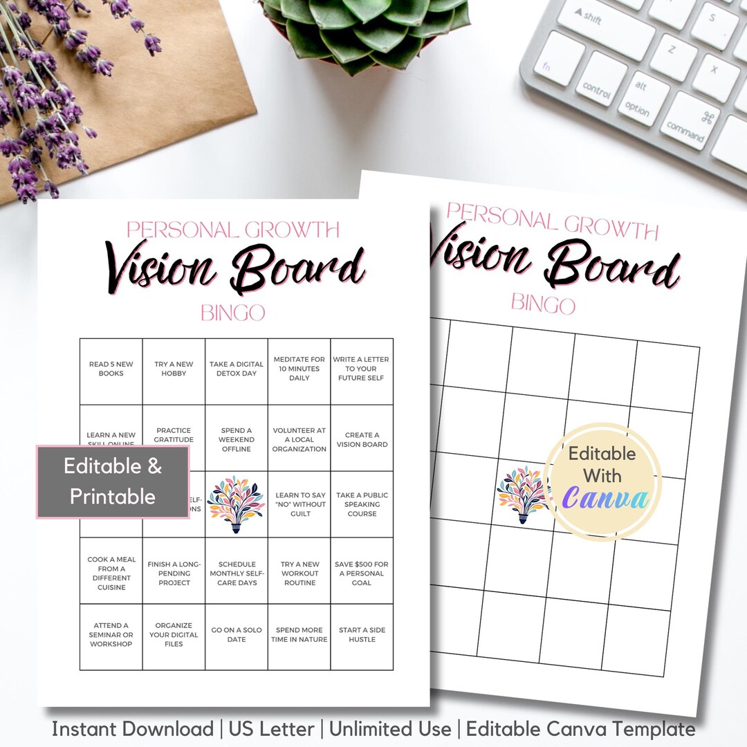 Personal Growth Vision Board Bingo Card Template Bundle Editable, Goal ...