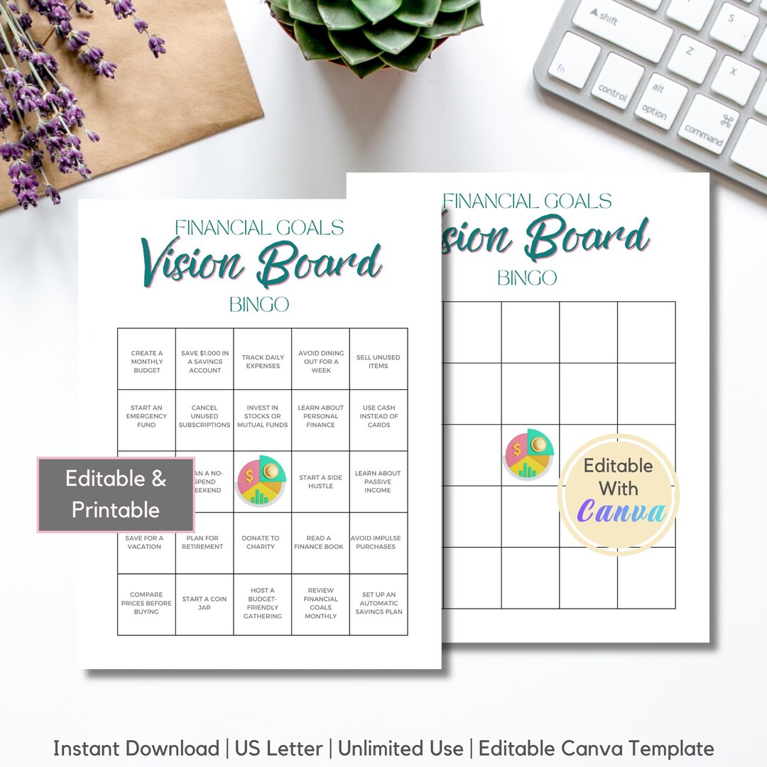 Money Goals Vision Board Bingo Card Template Bundle Editable, Goal ...