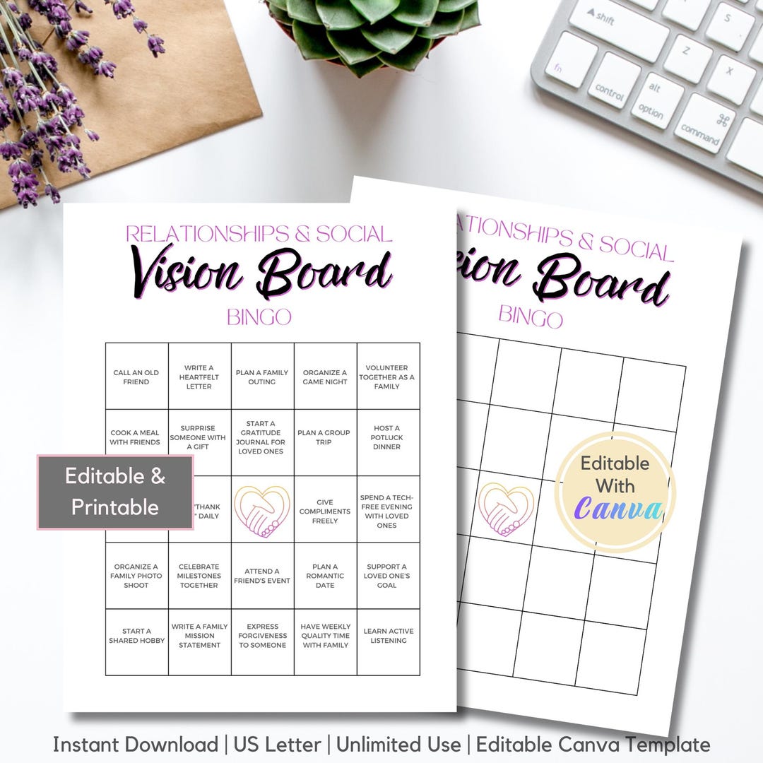 Relationships Vision Board Bingo Card Template Bundle Editable, Goal ...