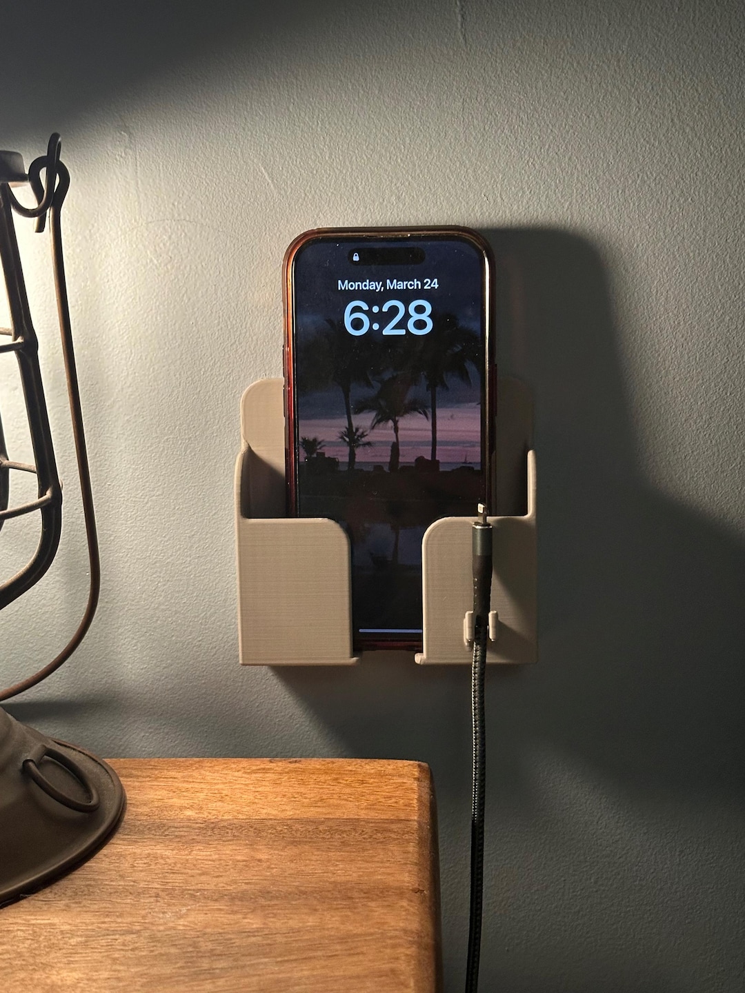 Wall Mounted Phone Holder With Charger Hook – Minimalist Bedside Phone ...