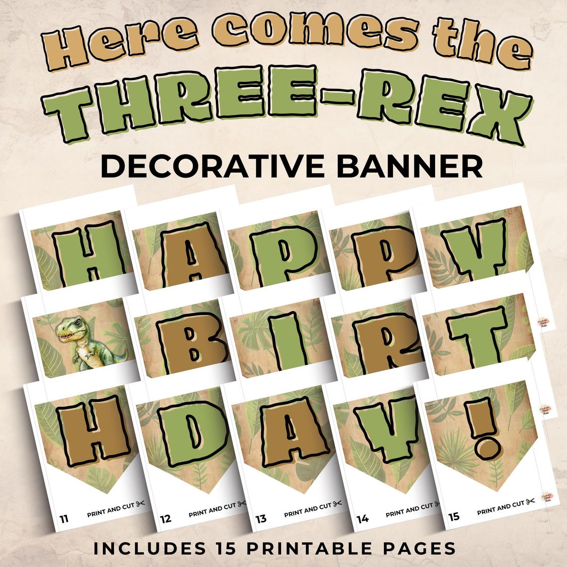 Three-rex Party Banner, Happy Birthday, Dinosaur Decoration, Digital ...