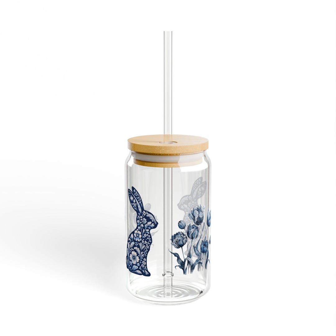 Botanical Bunny Sipper Glass, 16oz Rabbit Floral Drinkware, Easter Gift ...