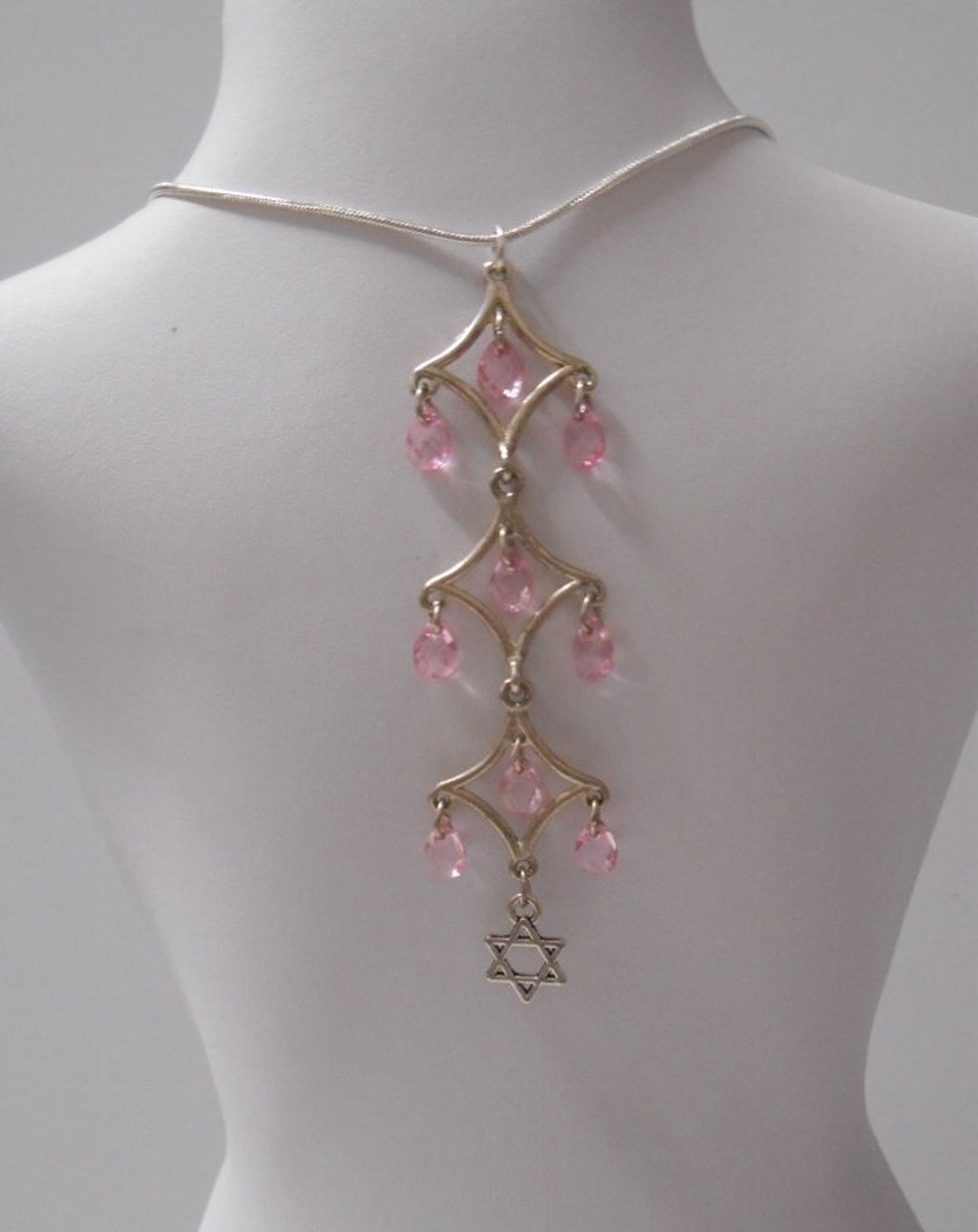 One of a Kind~upcycled 2" Pink Crystal Three Tier W/jewish Star Pendant ...