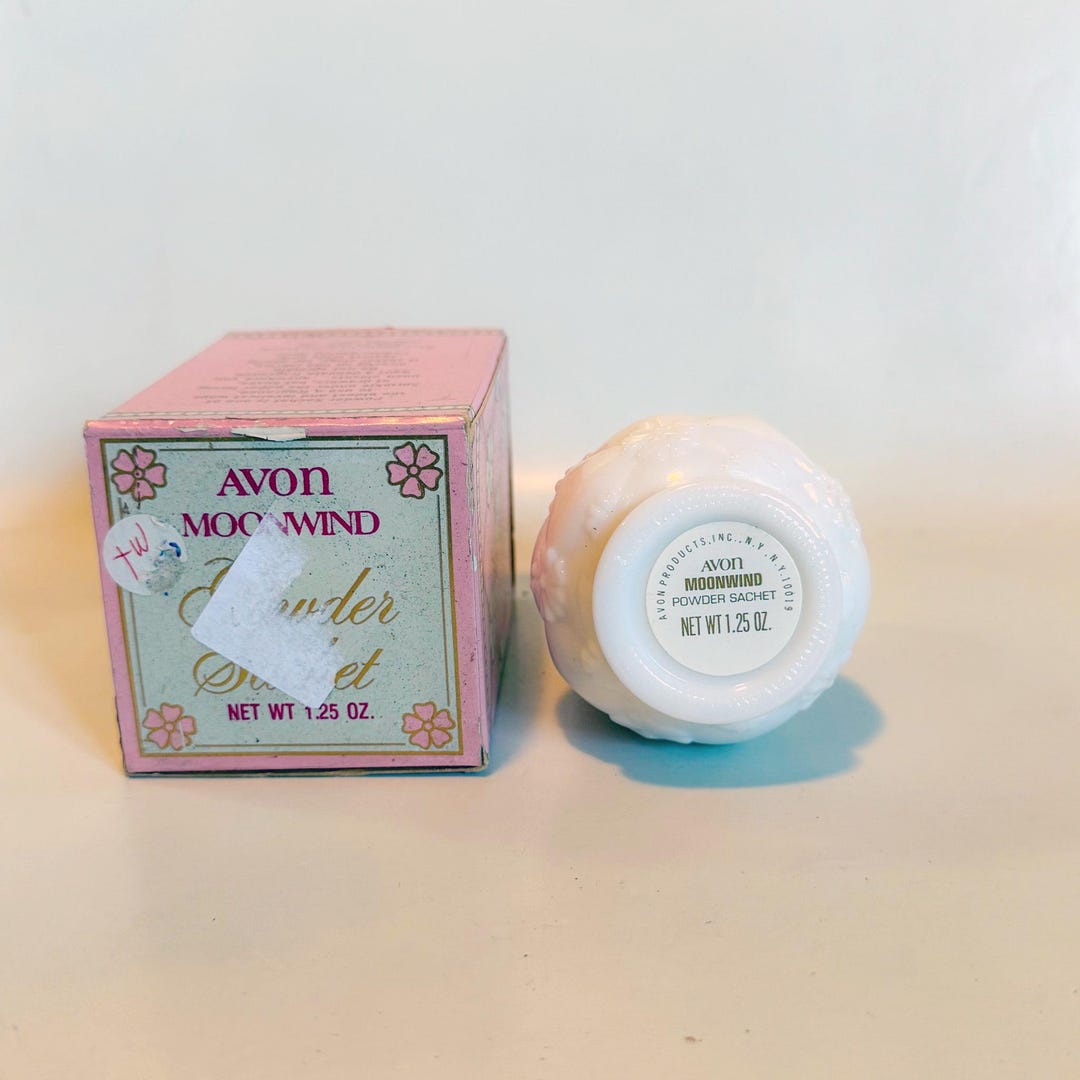 AVON Perfume Vintage 70s White Milk Glass and Gold Top Moonwind Powder ...