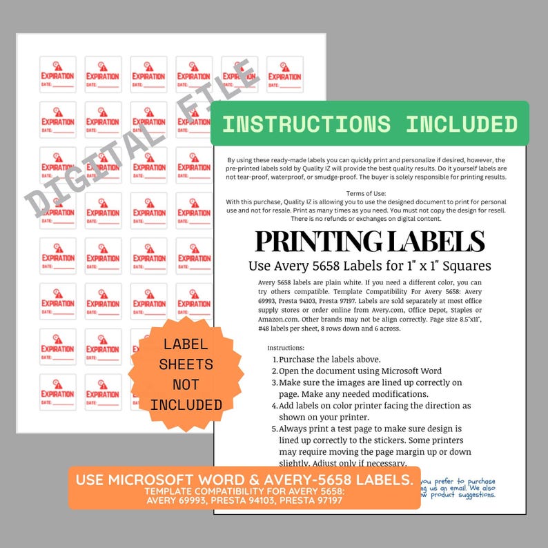1x1" Expiration Date Labels Printable Digital File Template, Red Bright ...