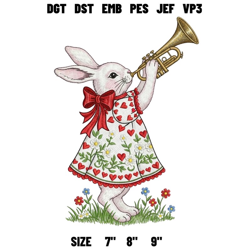 Bunny Embroidery File Cute Rabbit Playing Trumpet Design Floral Dress ...