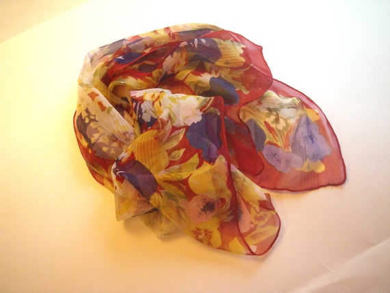 1970s Long Colorful Sheer Floral Scarf, 10" x 67", St… - Gem