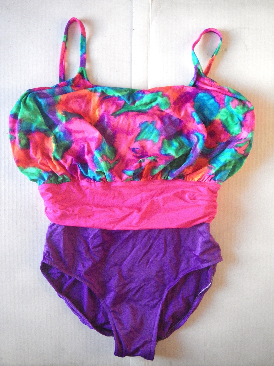 80s 90s Neon Colorblock High Cut Bathing Swim Suit, Purple, Pink ...