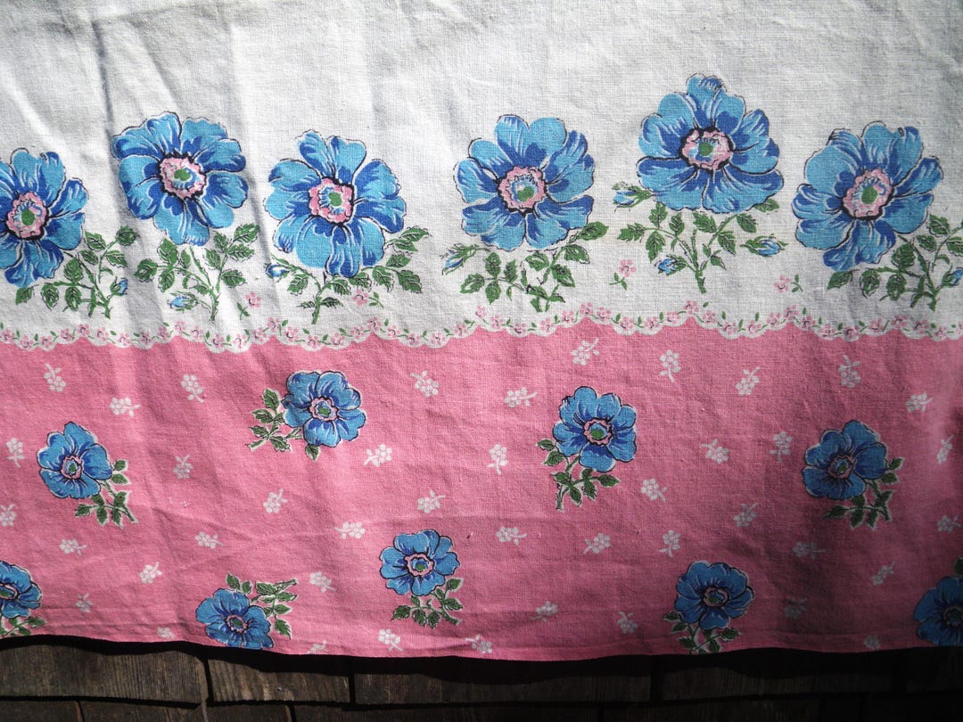 Pink & Blue Floral Border Print Feed Sack, 44" X 37" Cotton Fabric ...