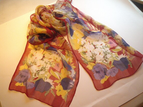 1970s Long Colorful Sheer Floral Scarf, 10" x 67", St… - Gem