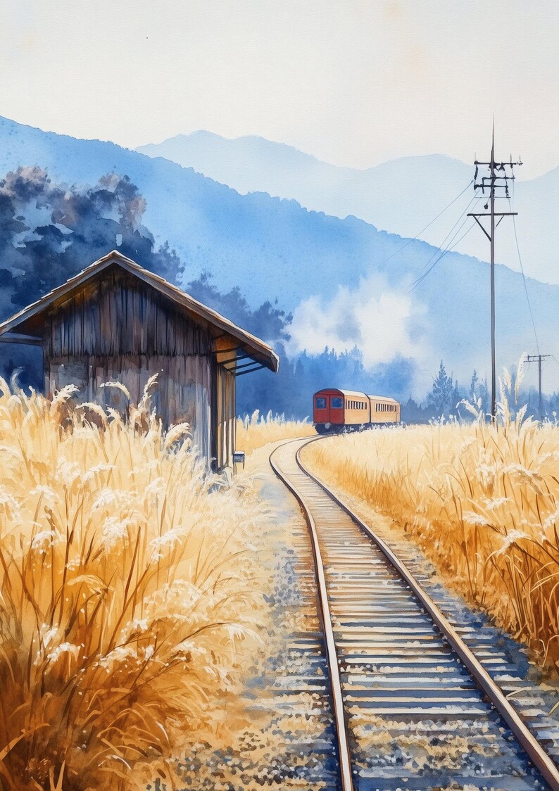 Japandi Wall Art - Japanese Countryside Train Wall Art - Watercolor ...