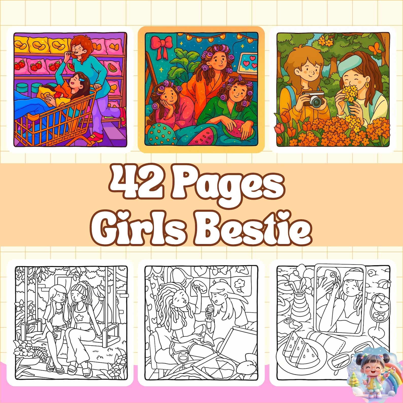 Girl Bestie Coloring Book, 42 Printable Pages for Kids Adults, Digital ...