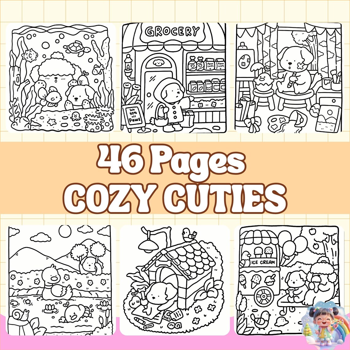 Cozy Cuties Coloring Book, 46 Printable Pages for Kids Adults, Instant ...