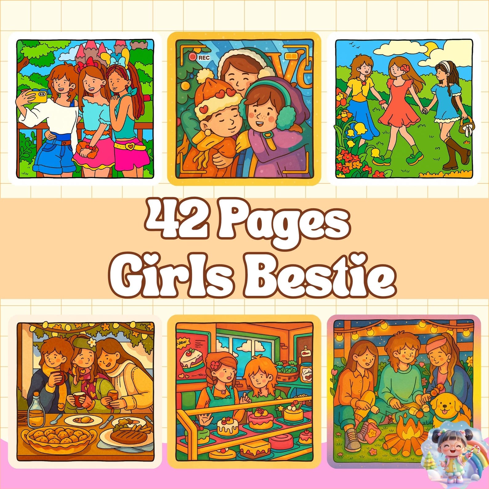 Girl Bestie Coloring Book, 42 Printable Pages for Kids Adults, Digital ...