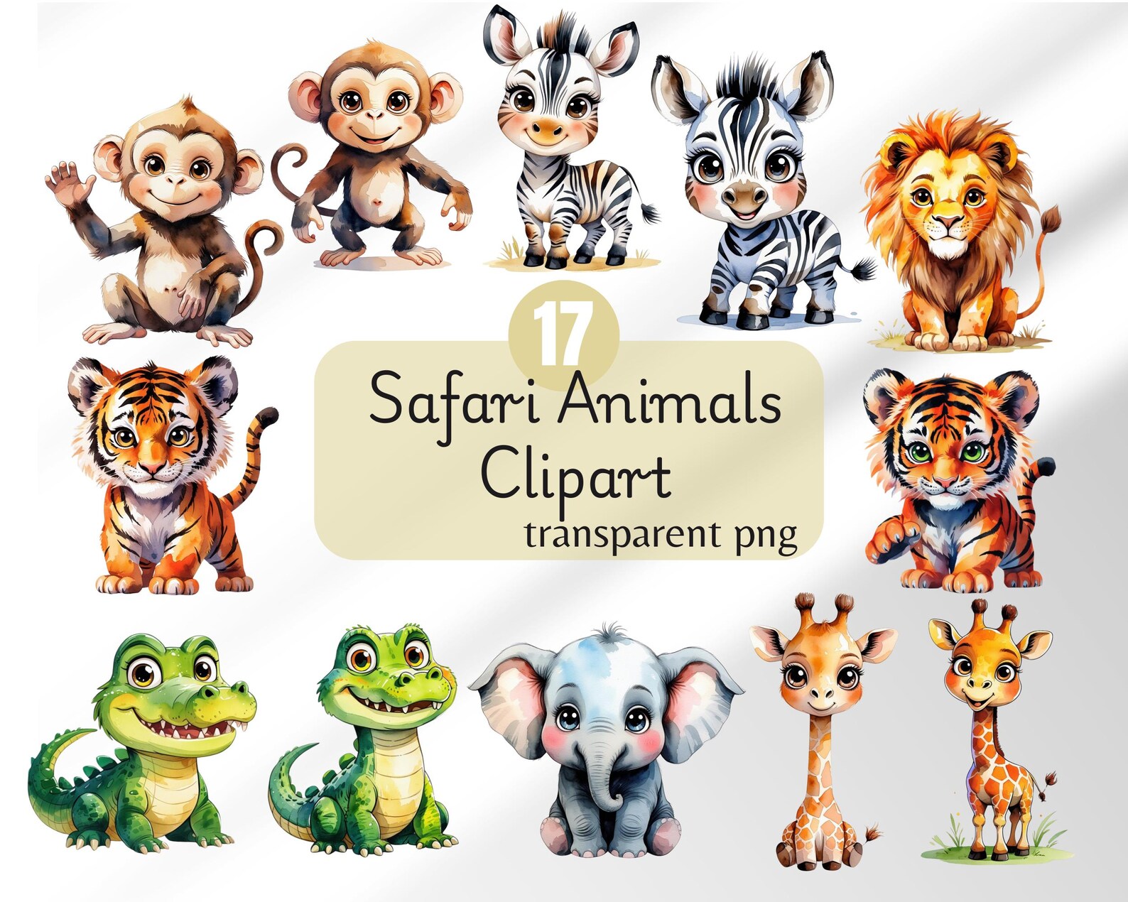 Cute Animals Clipart Watercolor Safari Animals Digital Sticker Safari ...