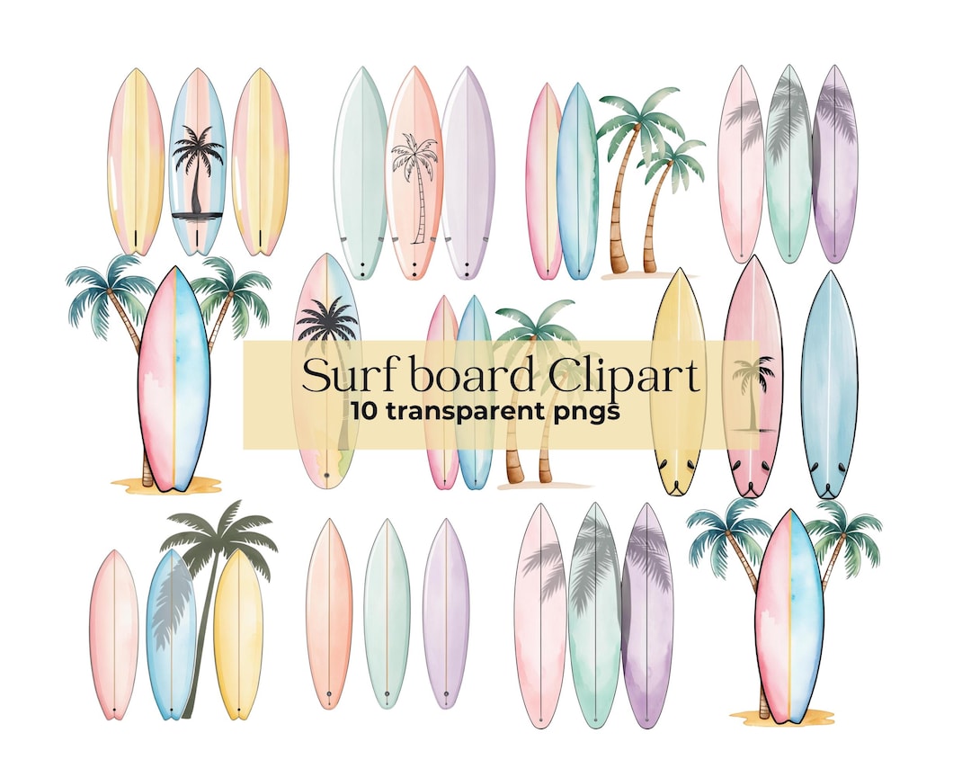 Pastel Color Surfboard Clipart Surfboard Digital Sticker Watercolor ...
