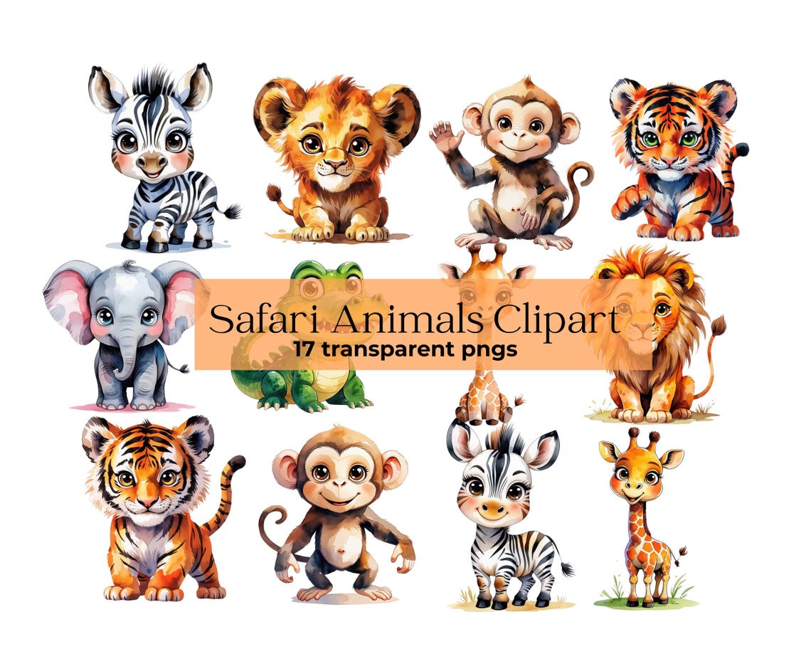 Watercolor Safari Animals Clipart Cute Safari Animals Digital Sticker ...