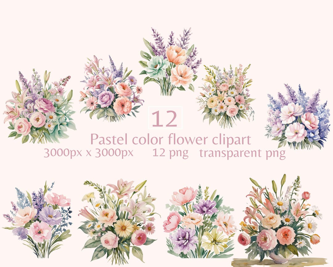 Pastel Color Flower Clipart Floral Clipart Watercolor Flower Clipart ...