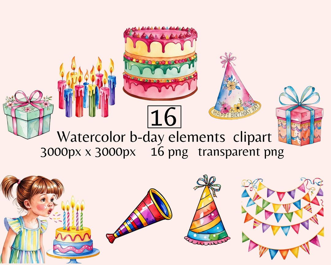 Birthday Clipart Happy Birthday Clipart Watercolor Birthday Clipart Set ...
