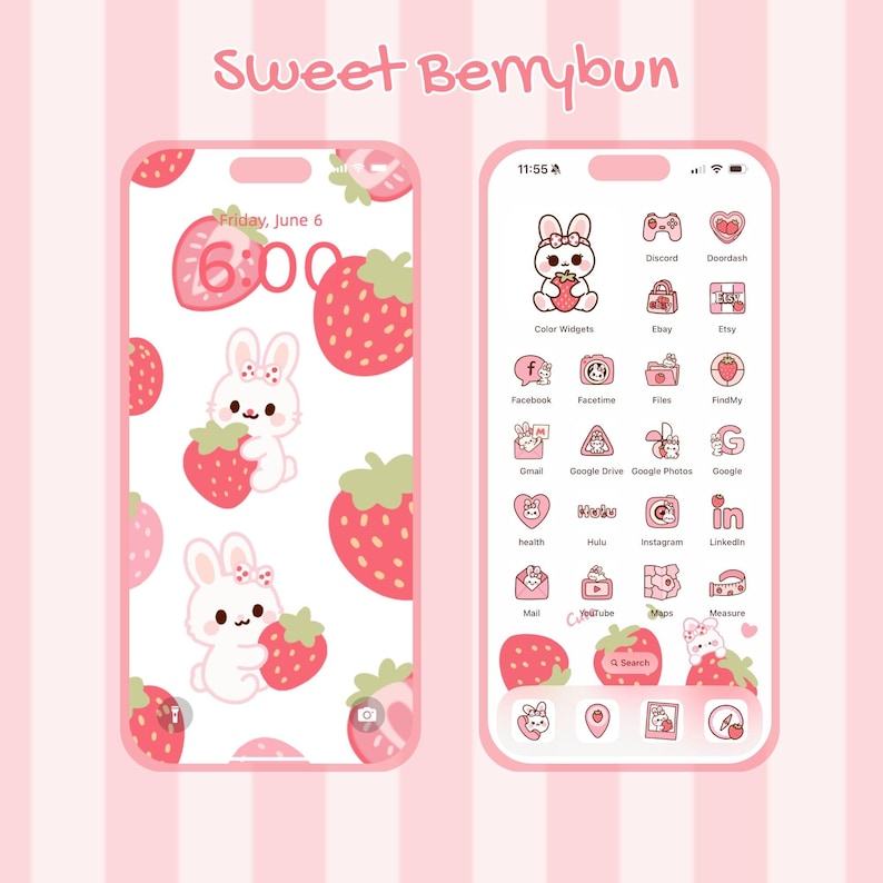 Cute Strawberry Bunny Ios & Android App Icons | Pink Bunny Aesthetic ...