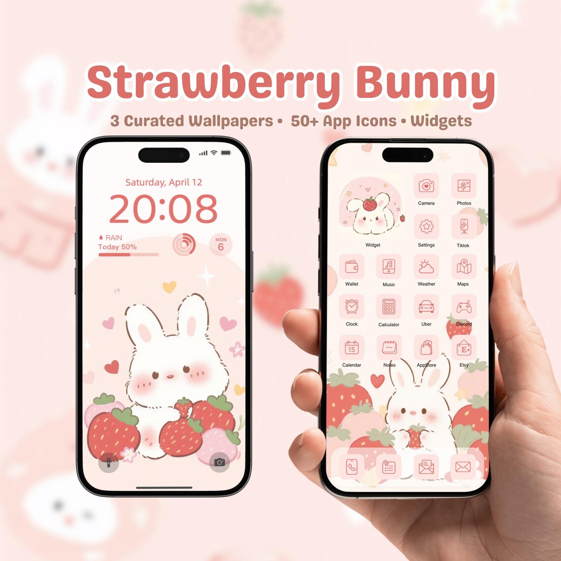 Strawberry Bunny Ios Theme – Cute Pink Wallpapers, App Icons & Widgets ...