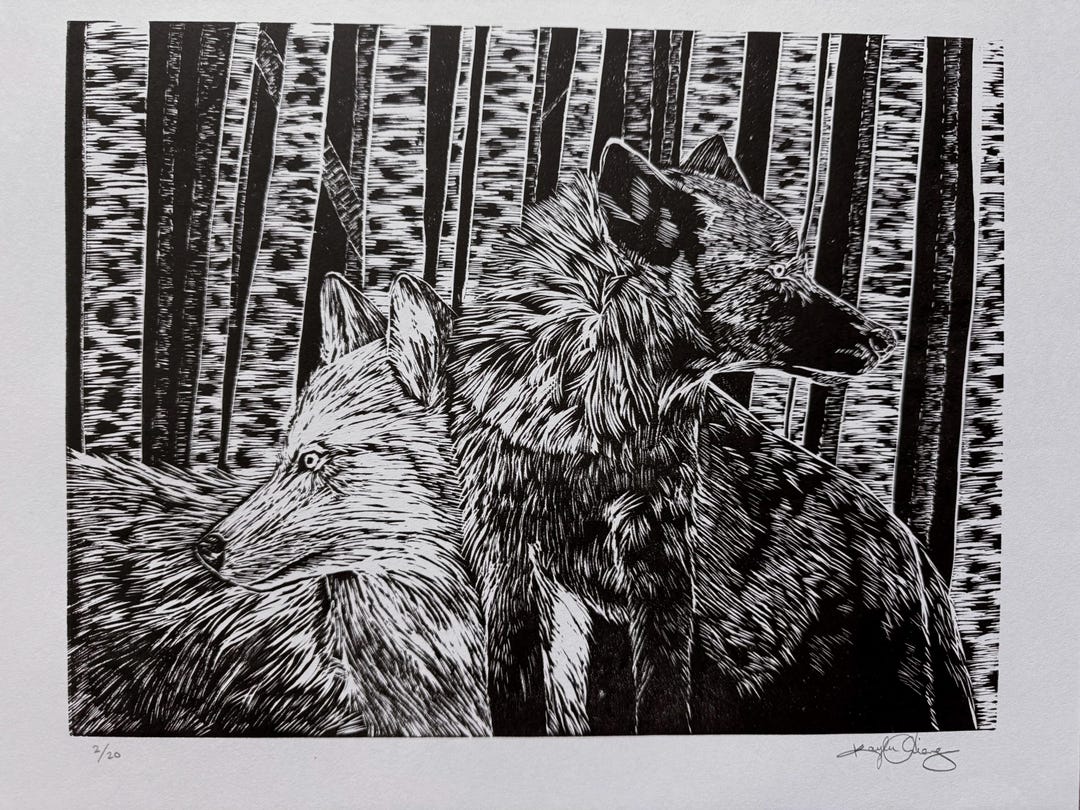 Original Linocut Print Featuring Grey Wolves Surrounded by Birch Trees ...