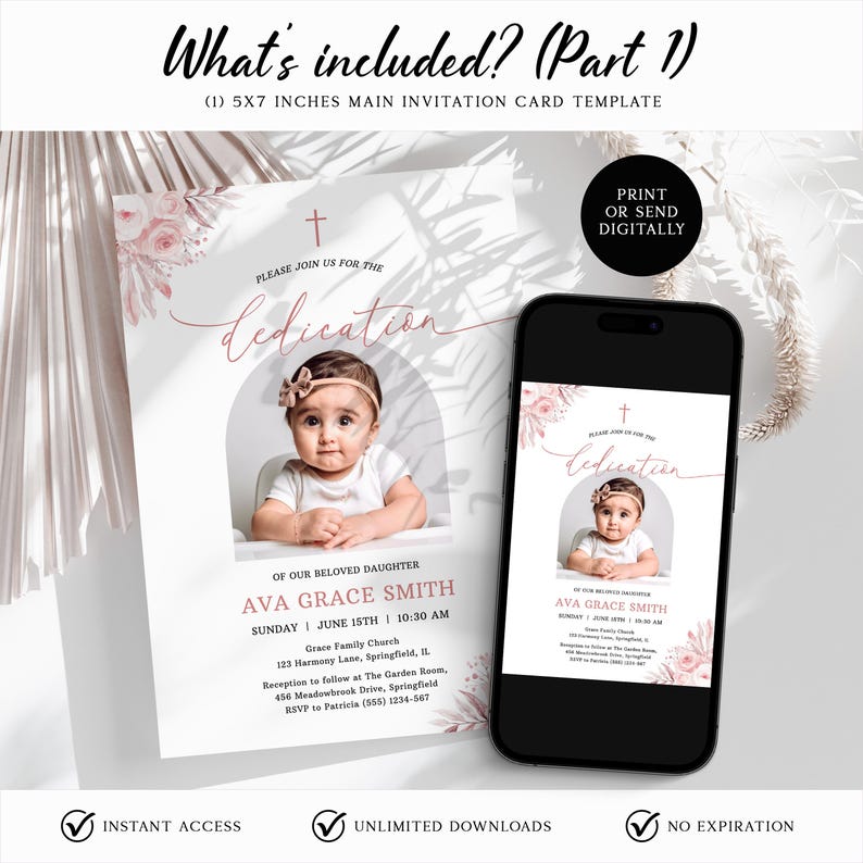 Boho Floral Pink Girl Dedication Invitation Card Template, Simple and ...