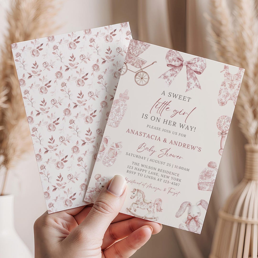 Pink Toile Baby Shower Invitation, Editable Floral Template, Digital ...