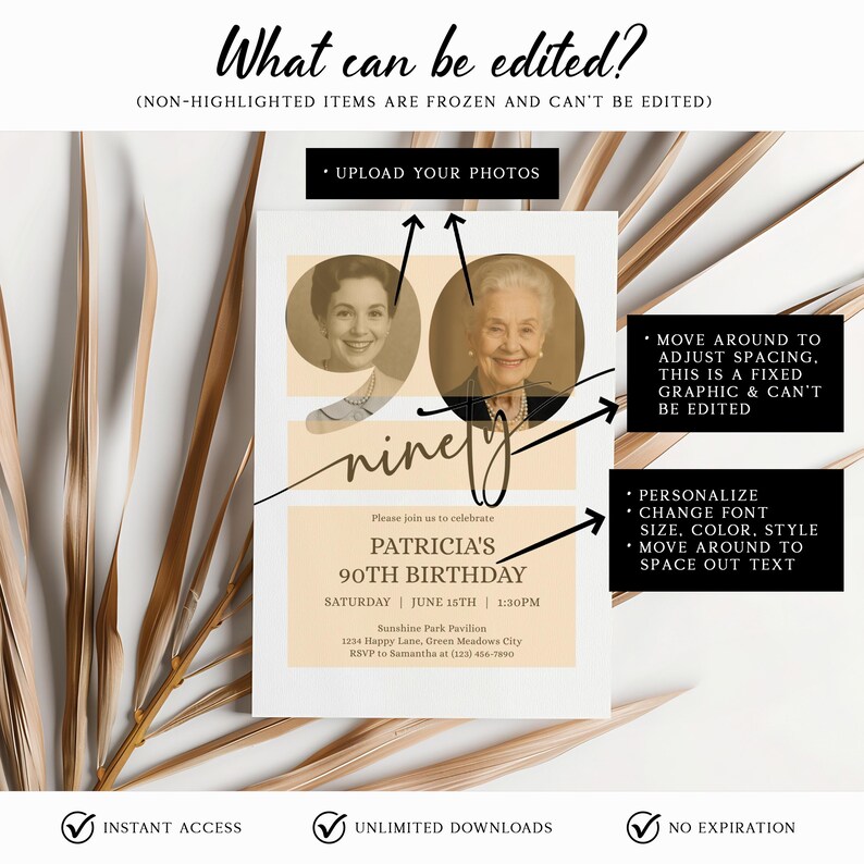 90th Birthday Invitation Card Template, Editable With Then & Now Photo ...