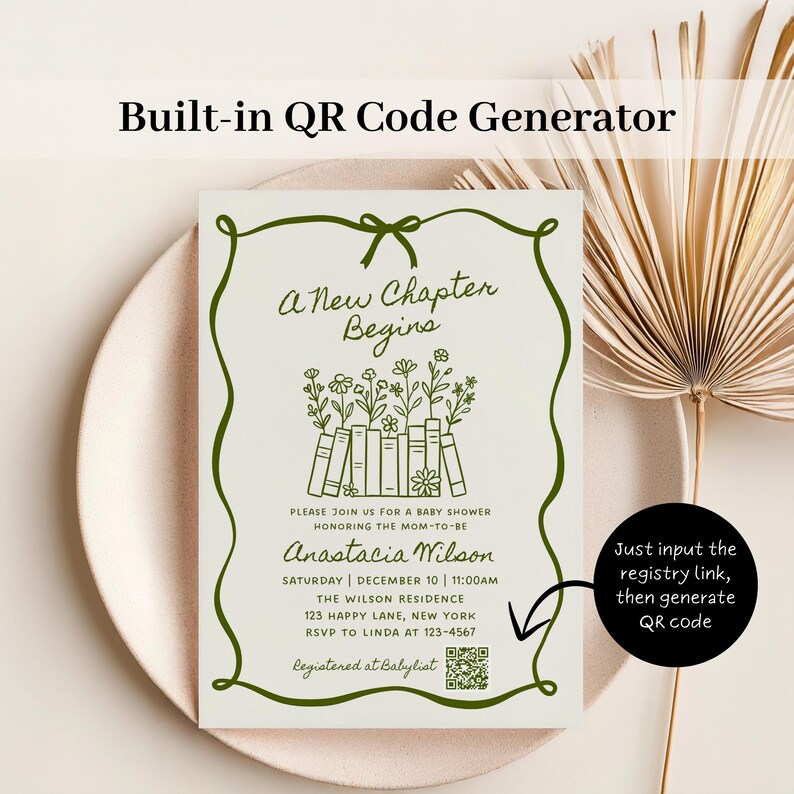 A New Chapter Begins Baby Shower Invitation With QR Code, Editable ...