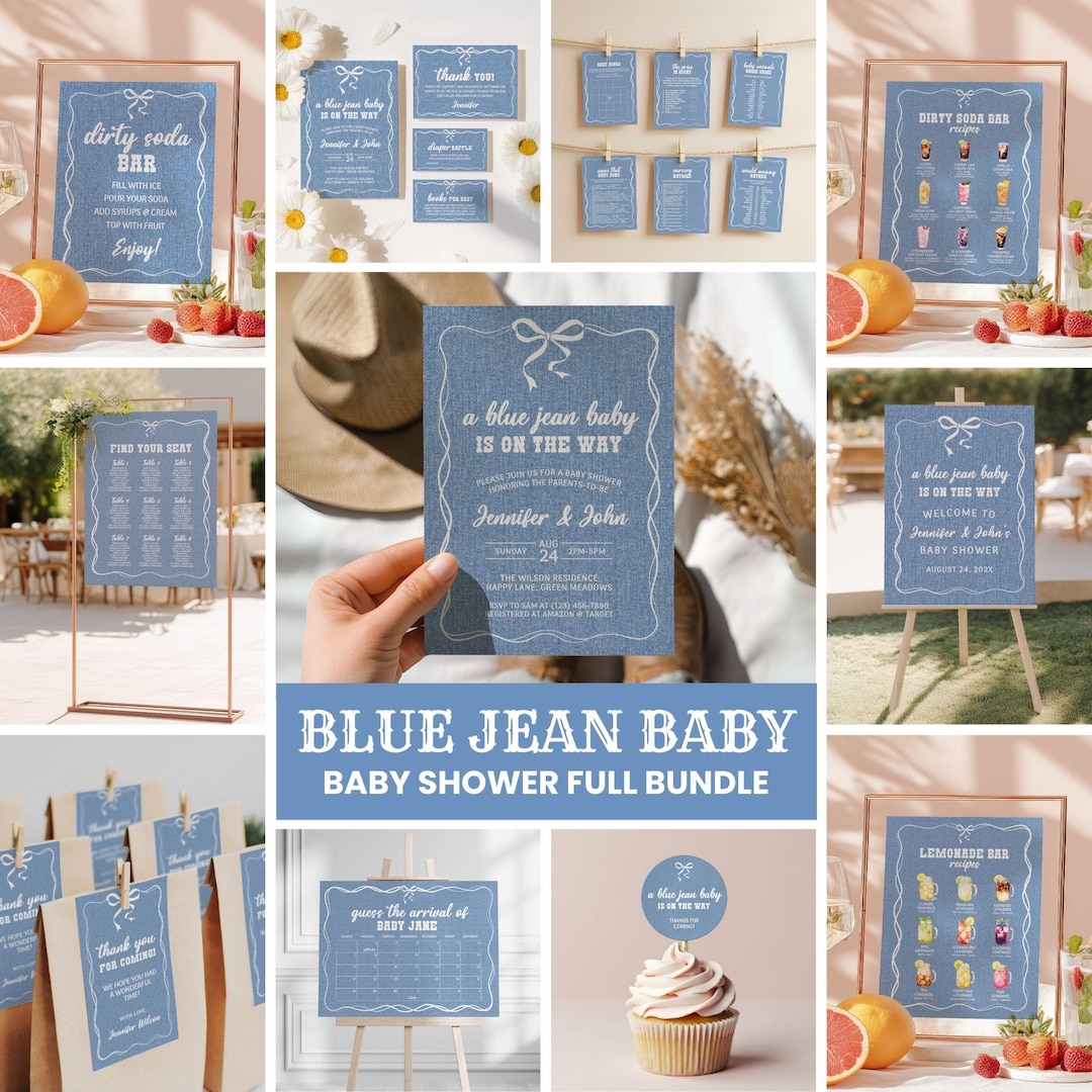 Blue Jean Baby Shower Bundle, Editable Denim Invitation & Decor, Baby ...