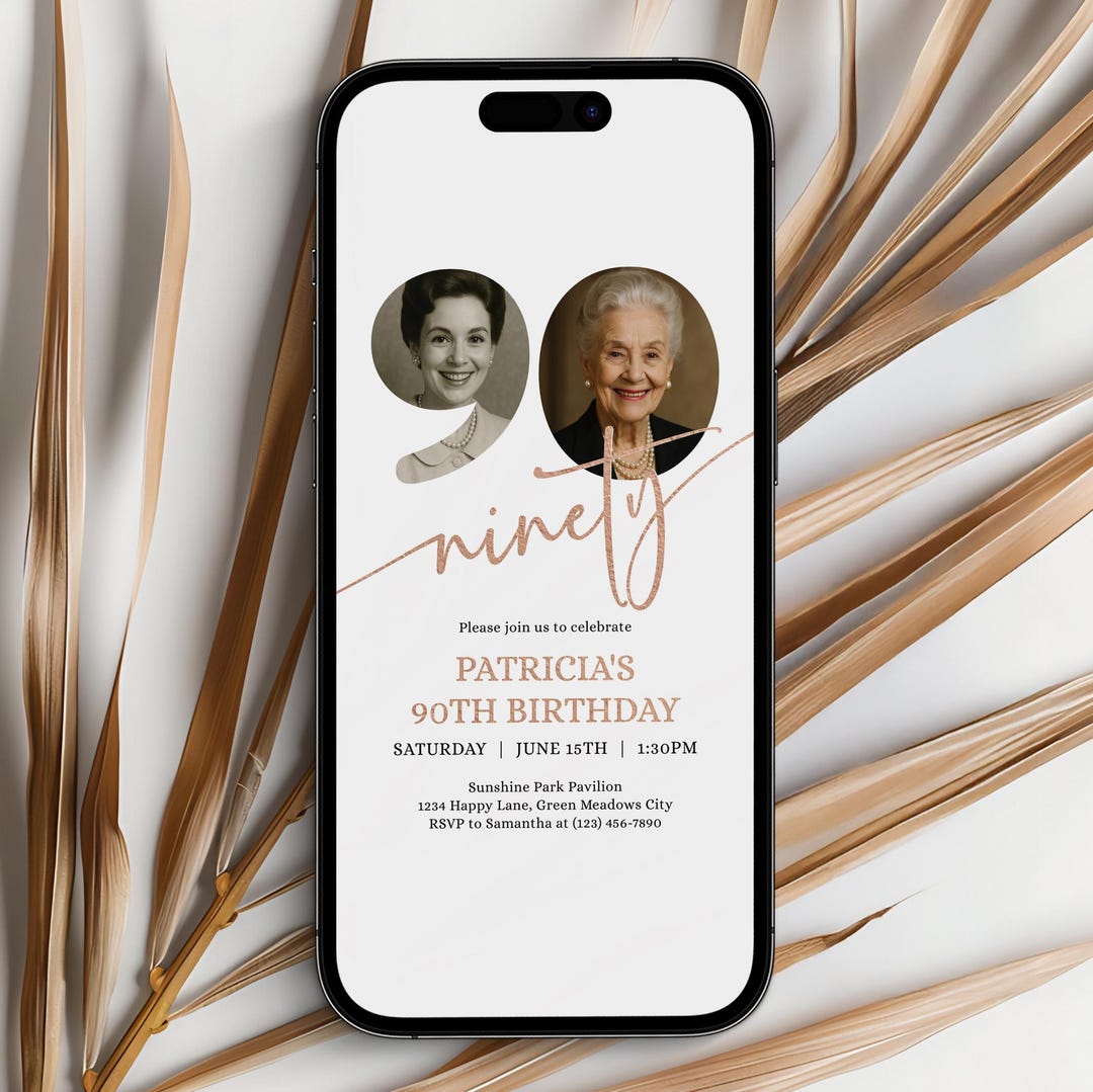 90th Birthday Digital Invitation Evite Template With Rose Gold Accent ...