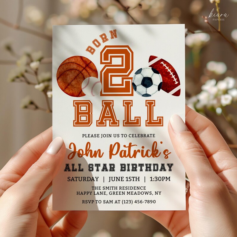 Born 2 Ball Invitation, Editable 2nd Birthday Template, Sports Party ...