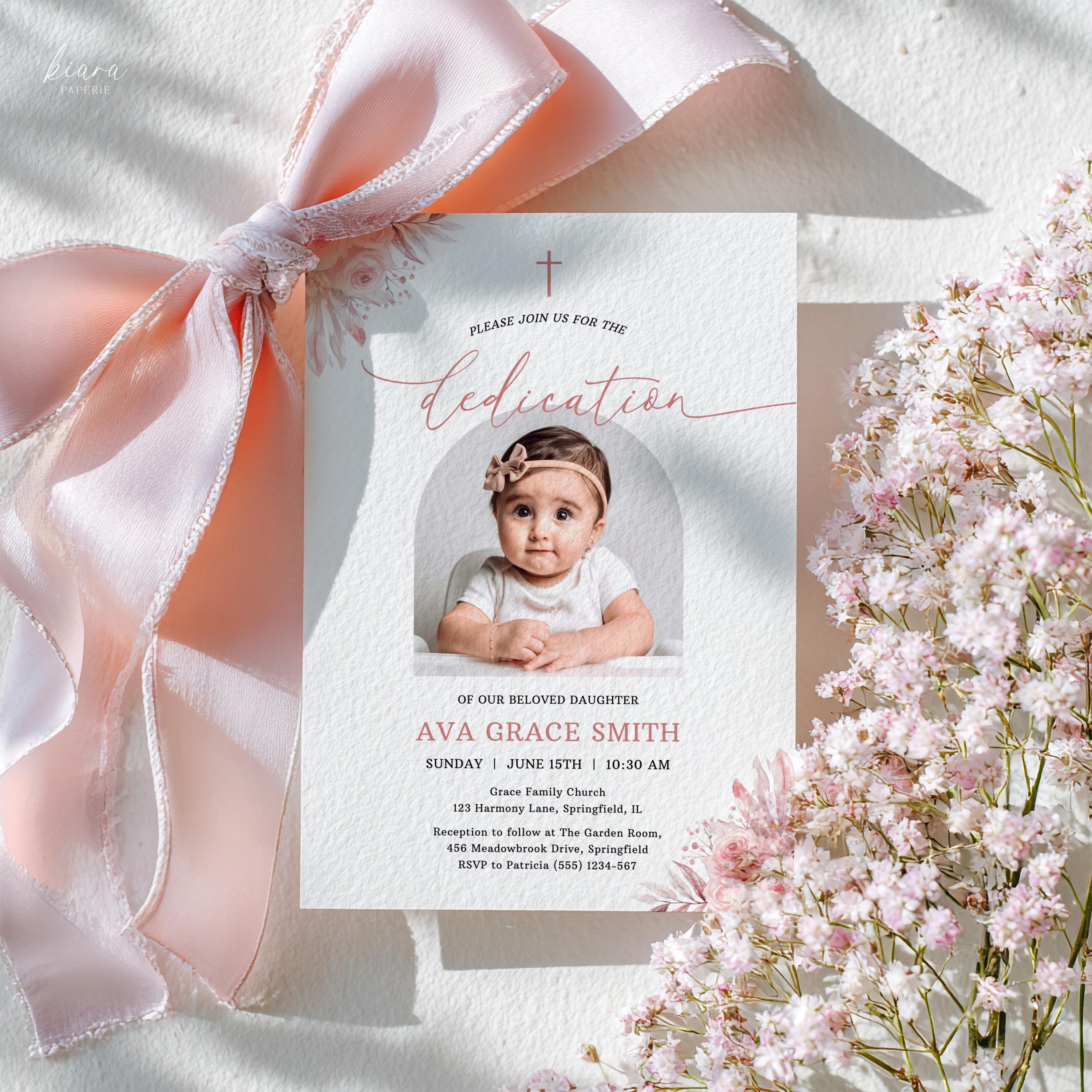 Boho Floral Pink Girl Dedication Invitation Card Template, Simple and ...