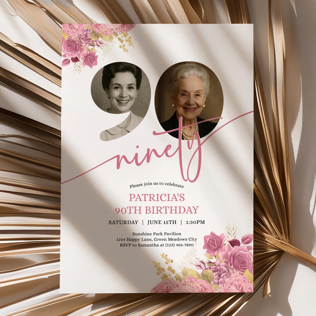 90th Birthday Invitation Card Template With Floral Pink and Gold Design ...