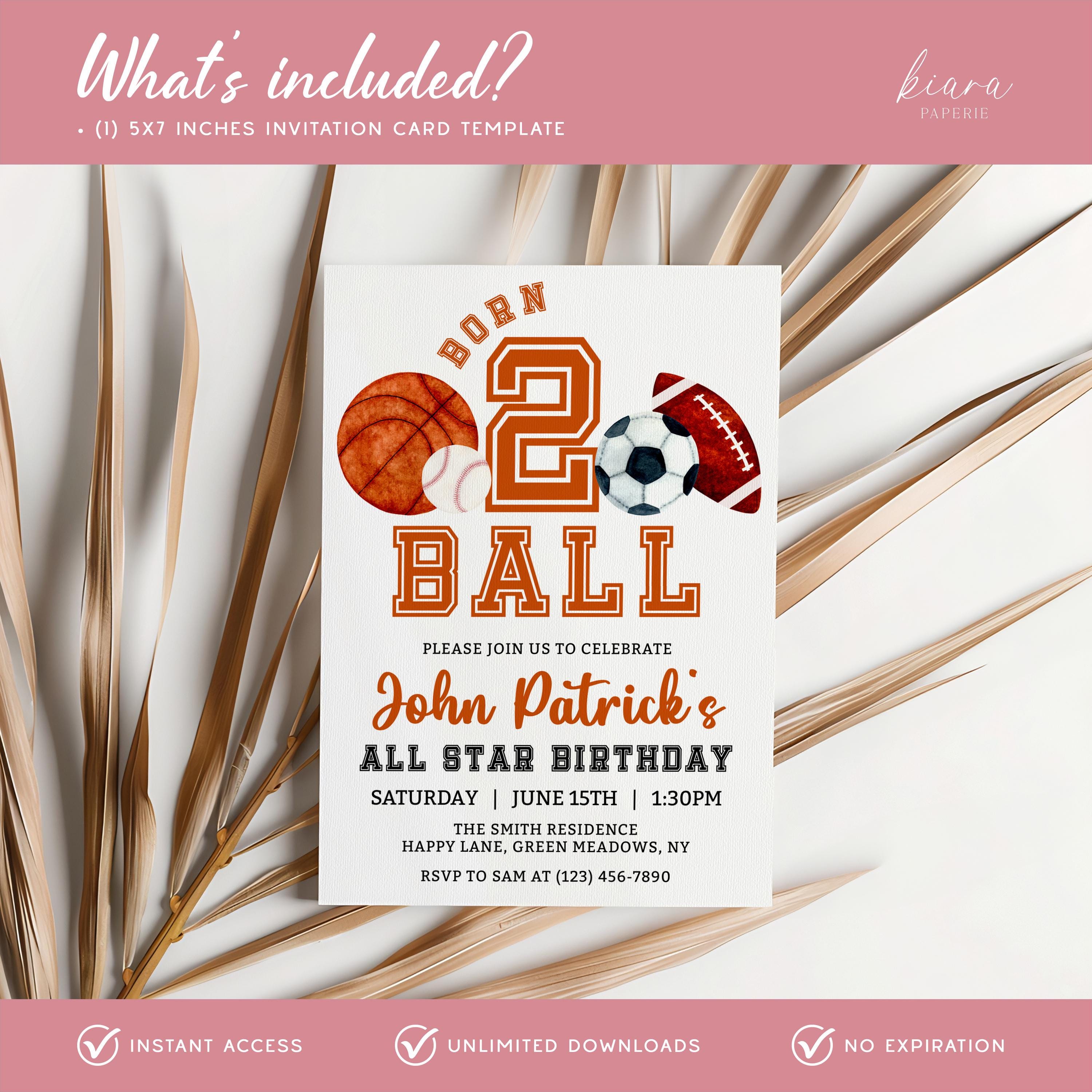 Born 2 Ball Invitation, Editable 2nd Birthday Template, Sports Party ...