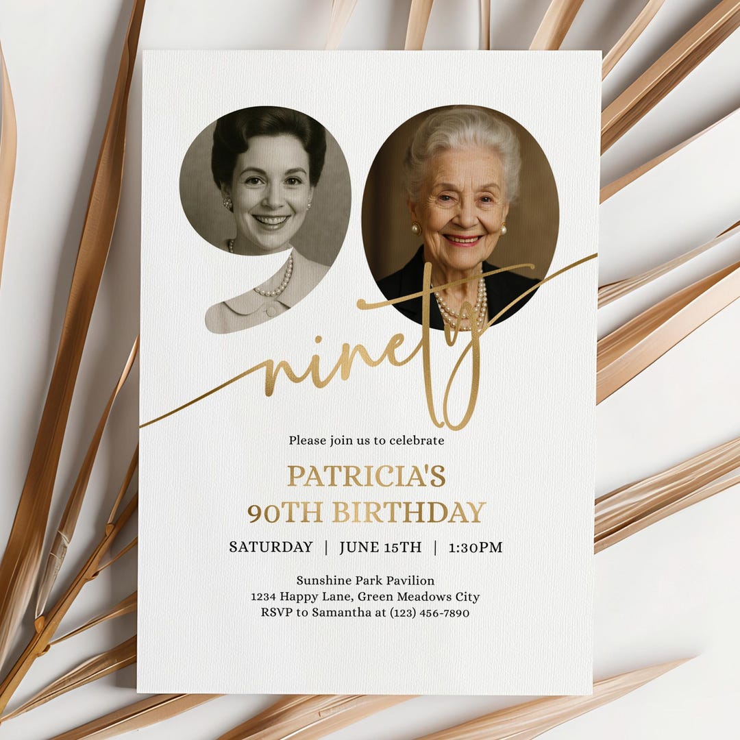 90th Birthday Invitation Card Template With Gold Accent, Editable With ...