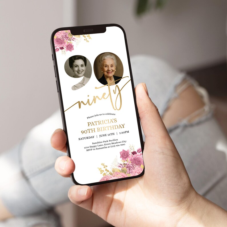 90th Birthday Digital Invitation Evite Template With Floral Pink and ...