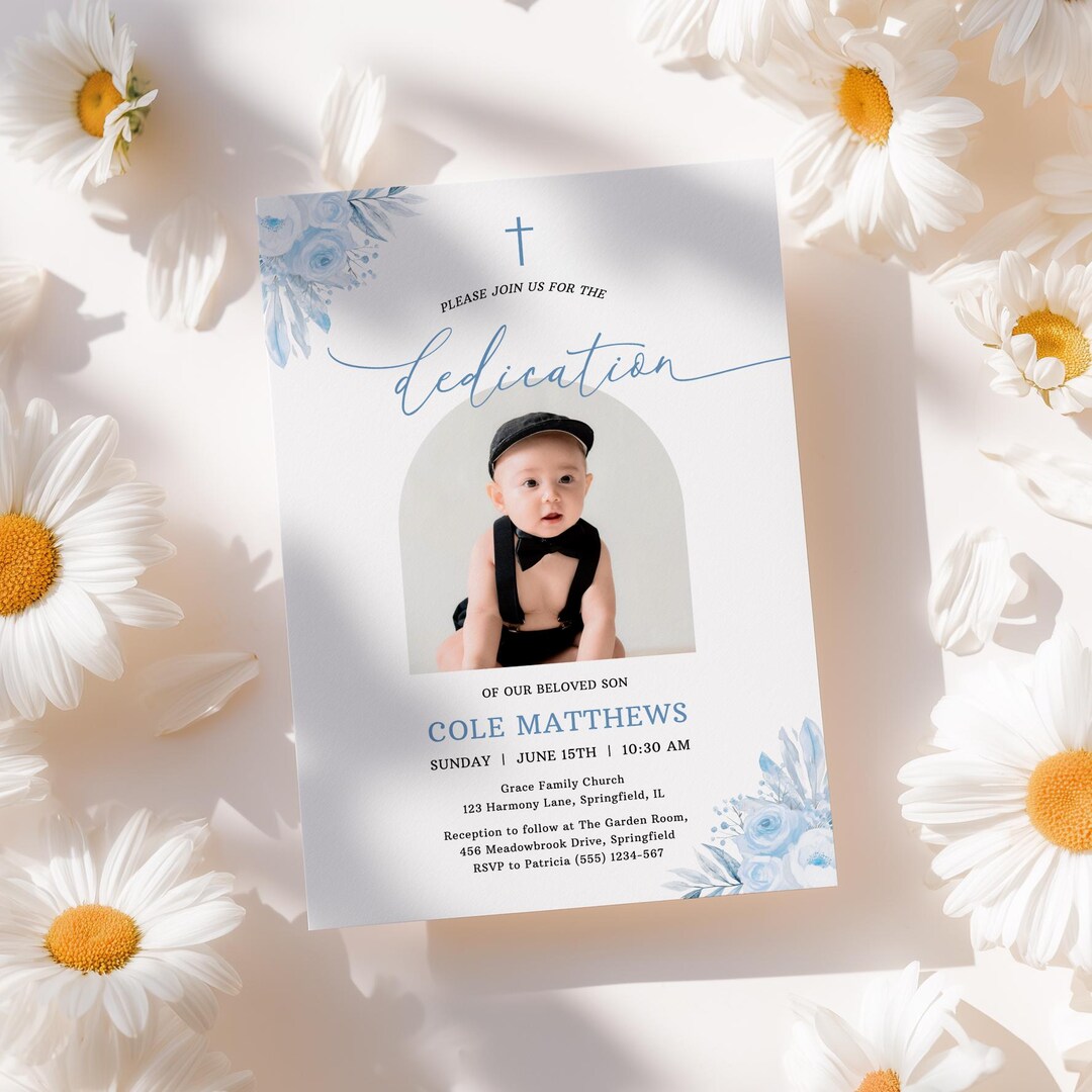 Boho Floral Blue Boy Dedication Invitation Card Template, Simple and ...