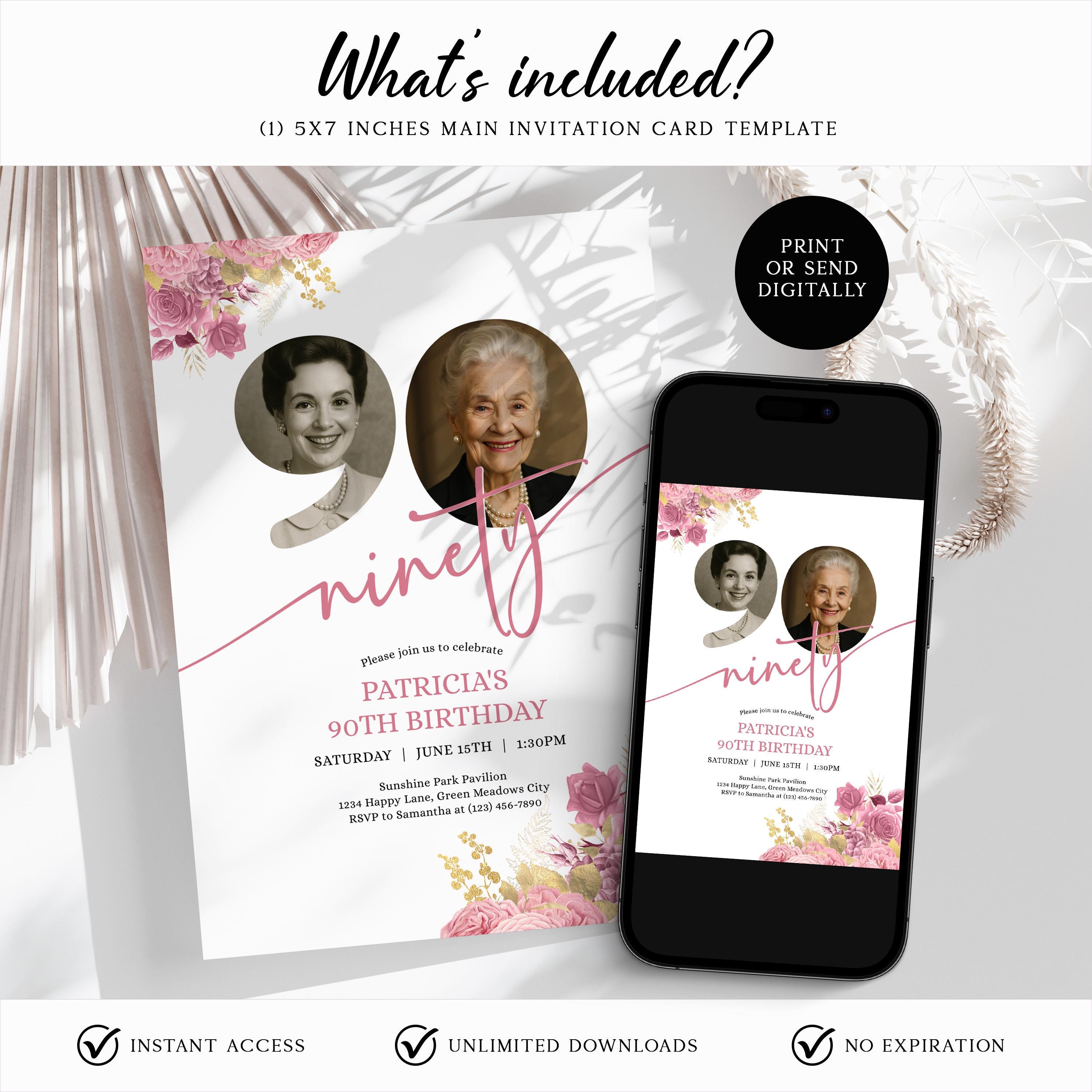 90th Birthday Invitation Card Template With Floral Pink and Gold Design ...