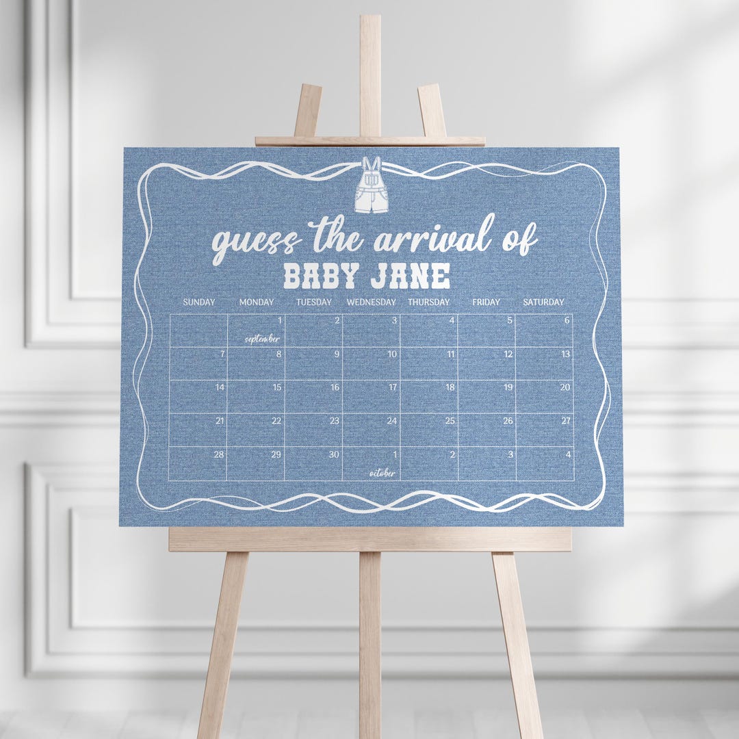 Blue Jean Baby Shower Guess the Due Date Calendar Sign, Denim Baby ...