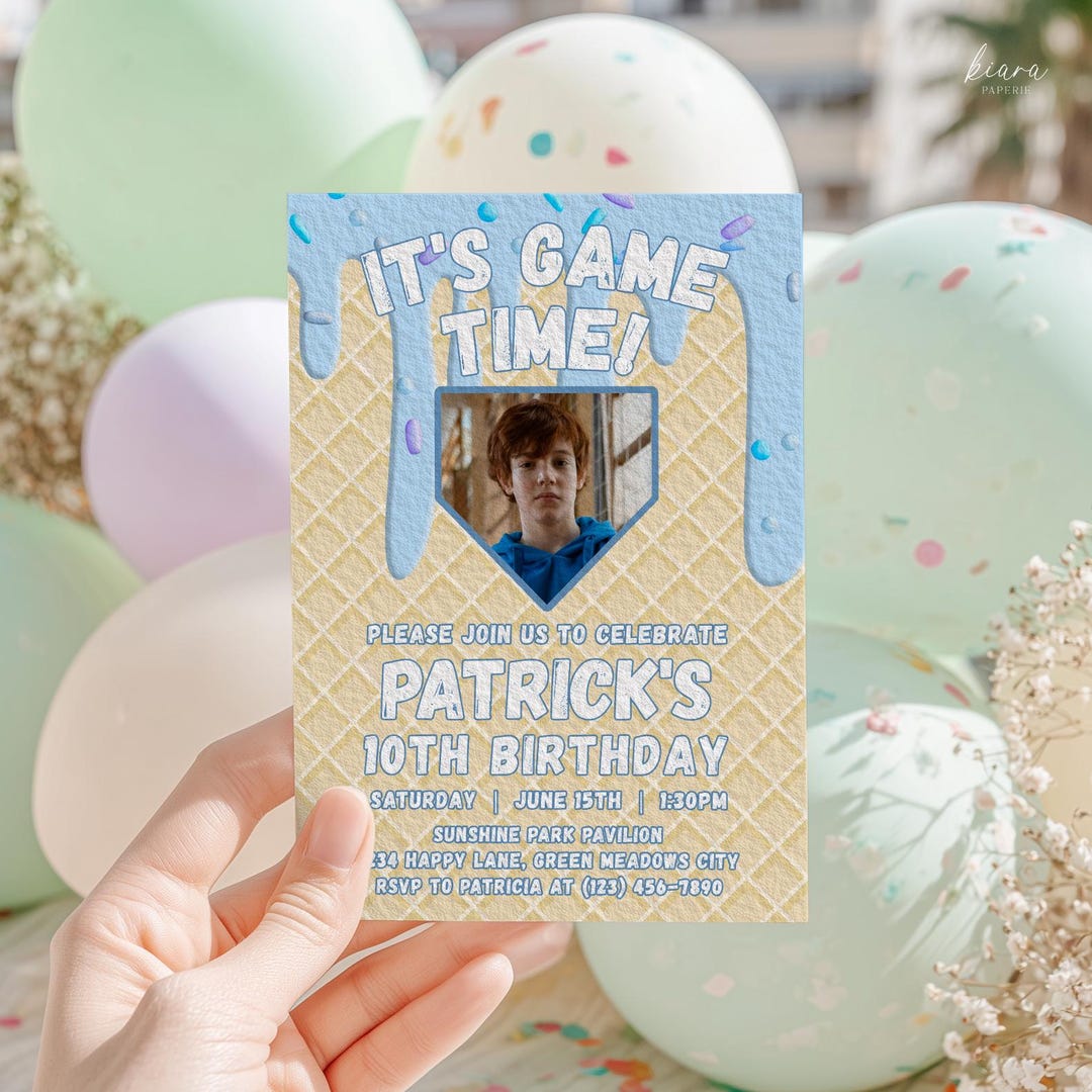 Baseball Drip Birthday Party Invitation With Photo, Boy Birthday ...