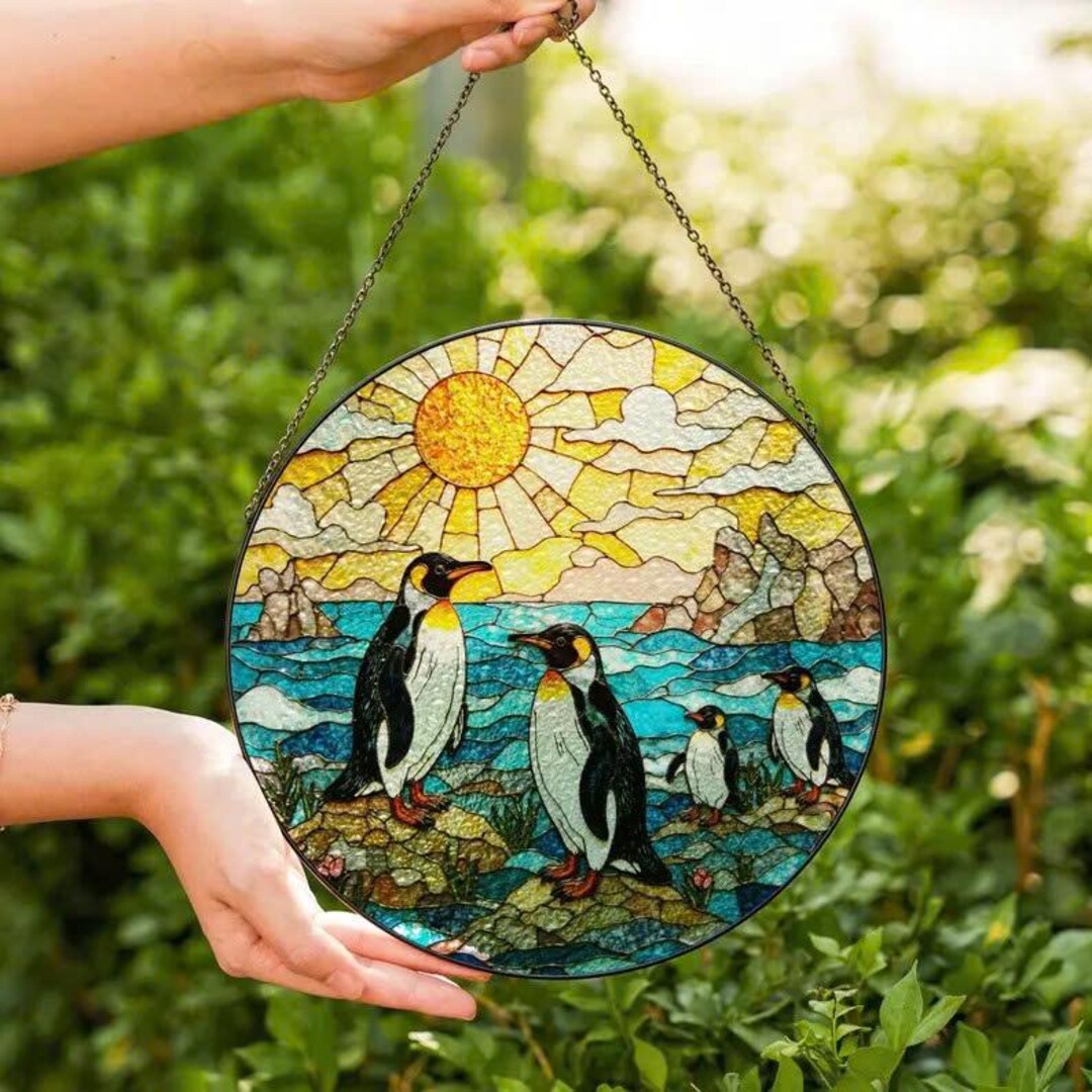 Penguin Ocean Scene Stained Glass Suncatcher – Animal Window Decor for ...