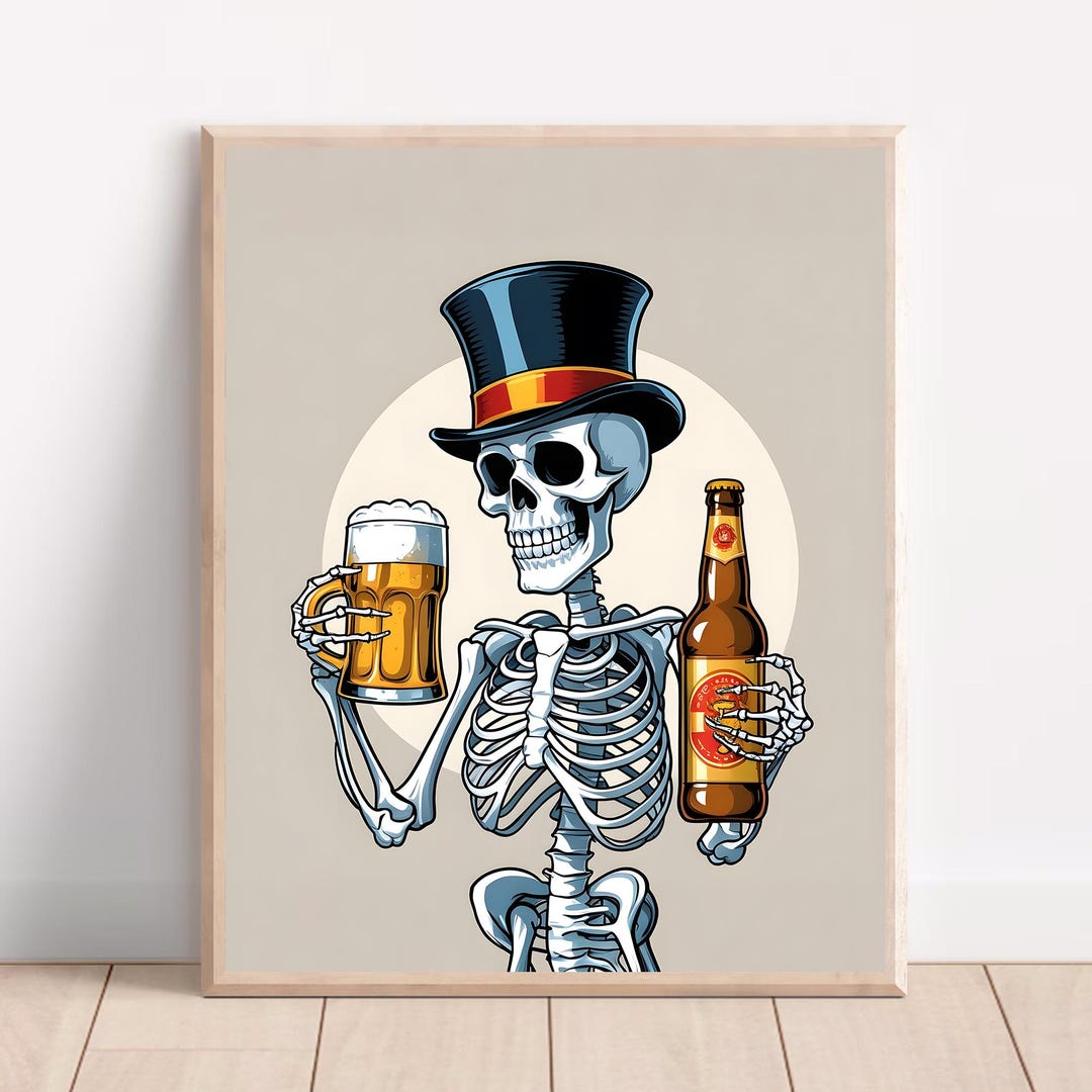 Skeleton Beer Lover Art, Brewery Poster, Halloween Pub Decor, Funny ...