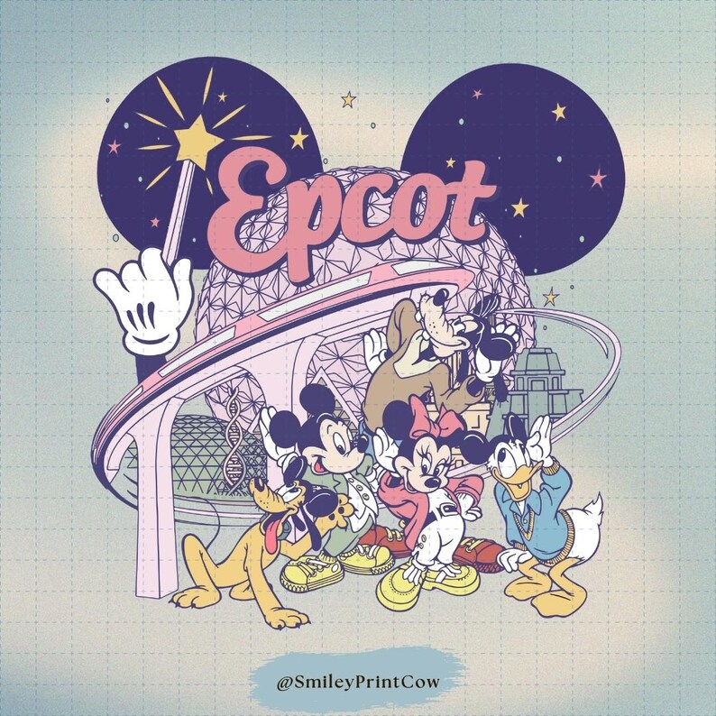 Vintage Epcot Mickey and Friends PNG, Retro Fab 5, Spaceship Earth Art ...