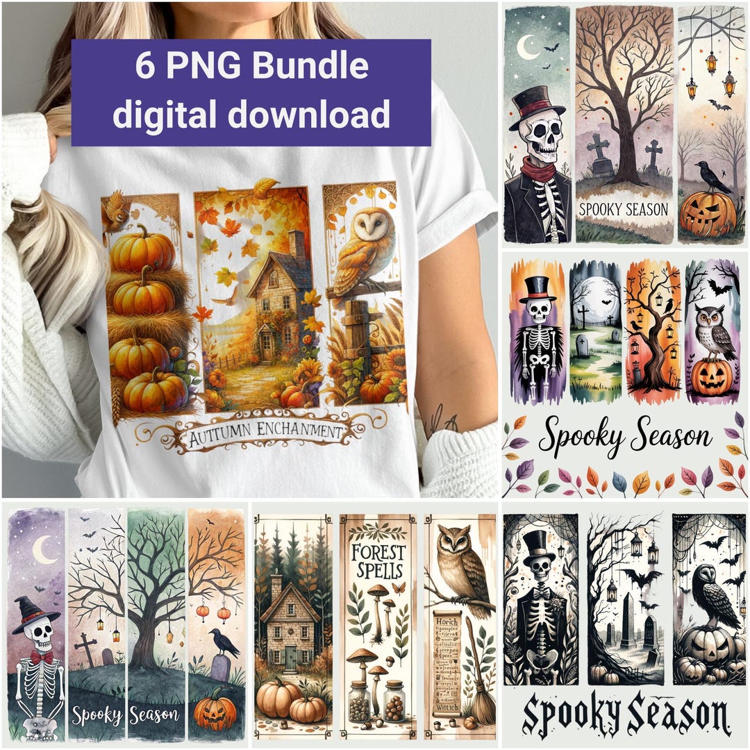 Autumn Spooky Season PNG Bundle, Owl, Pumpkin, Skeleton (digital ...